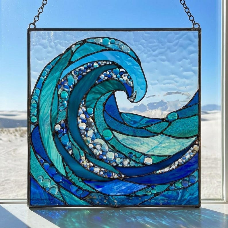 Ocean Wave Stained Glass Suncatcher Beach Coastal Glass Suncatcher ...