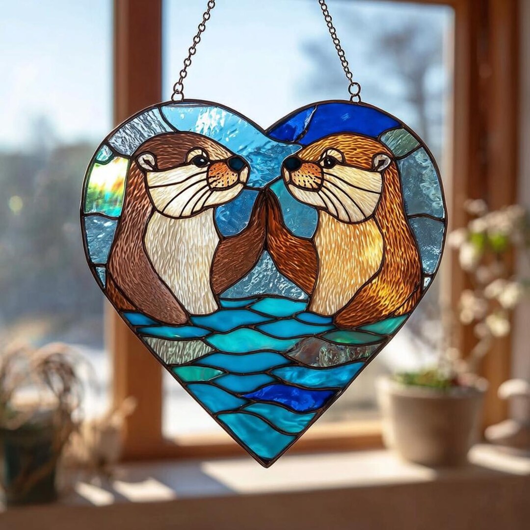 Otter Couple Window Hanging Decor Stained Glass Heart Suncatcher ...