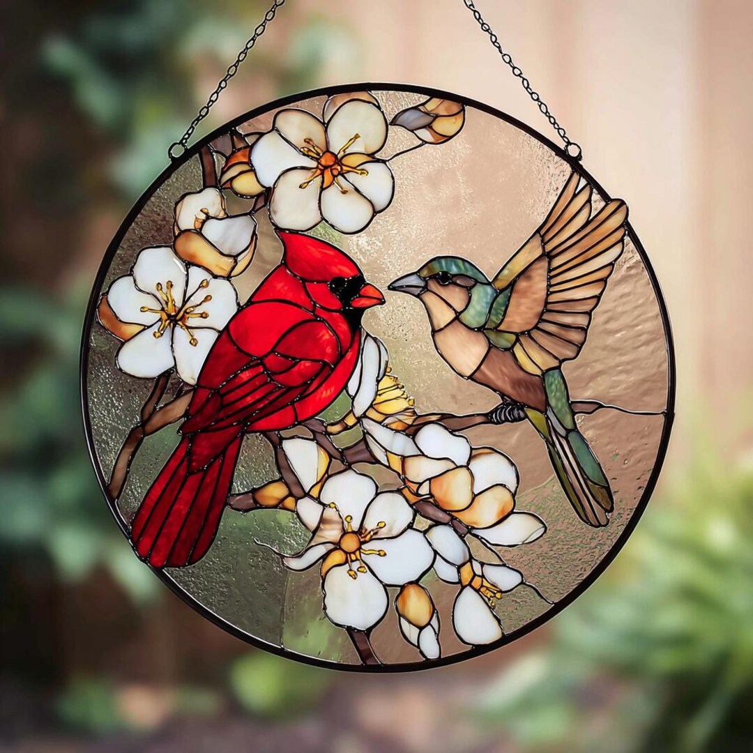 Red Cardinal Bird Suncatcher Window Hanging, Floral Branch Hanging for ...