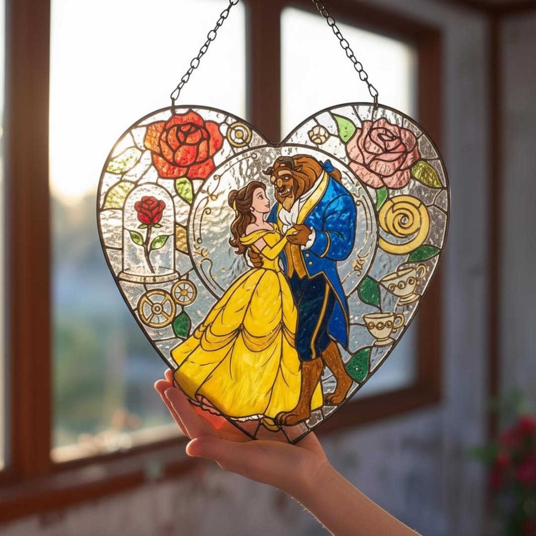 Beauty and the Beast Stained Glass, Belle & Beast Dancing Romantic Art ...