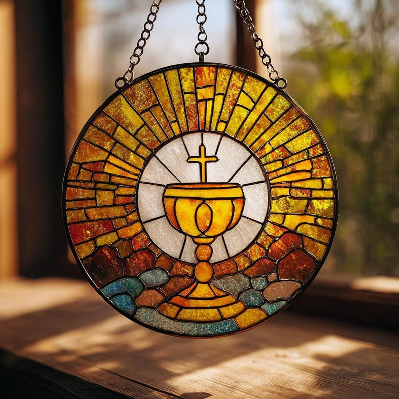 Eucharist Chalice Faux Stained Glass Suncatcher – Religious Communion ...