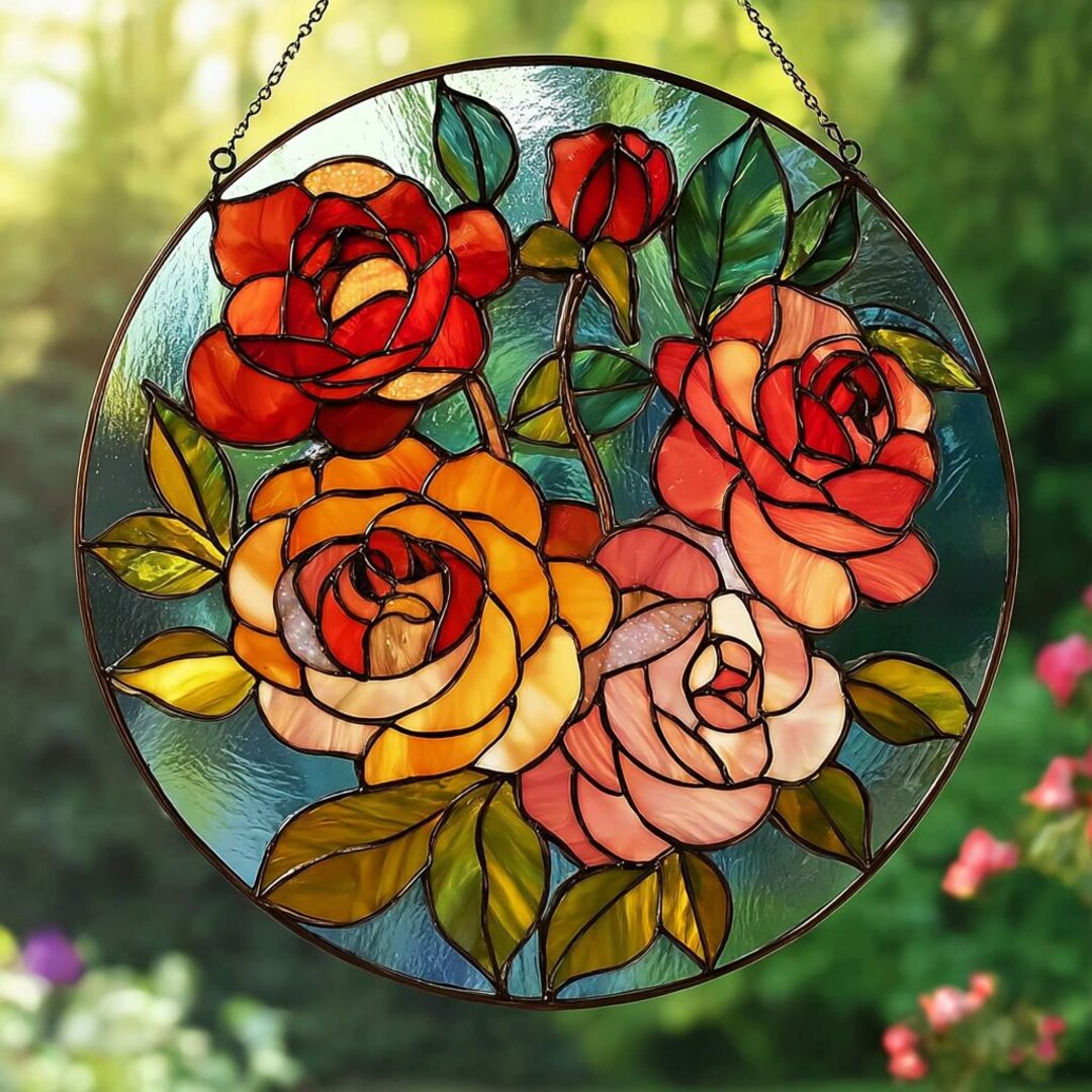 Rose Bouquet Stained Glass Suncatcher, Rose Bouquet Window Hanging ...