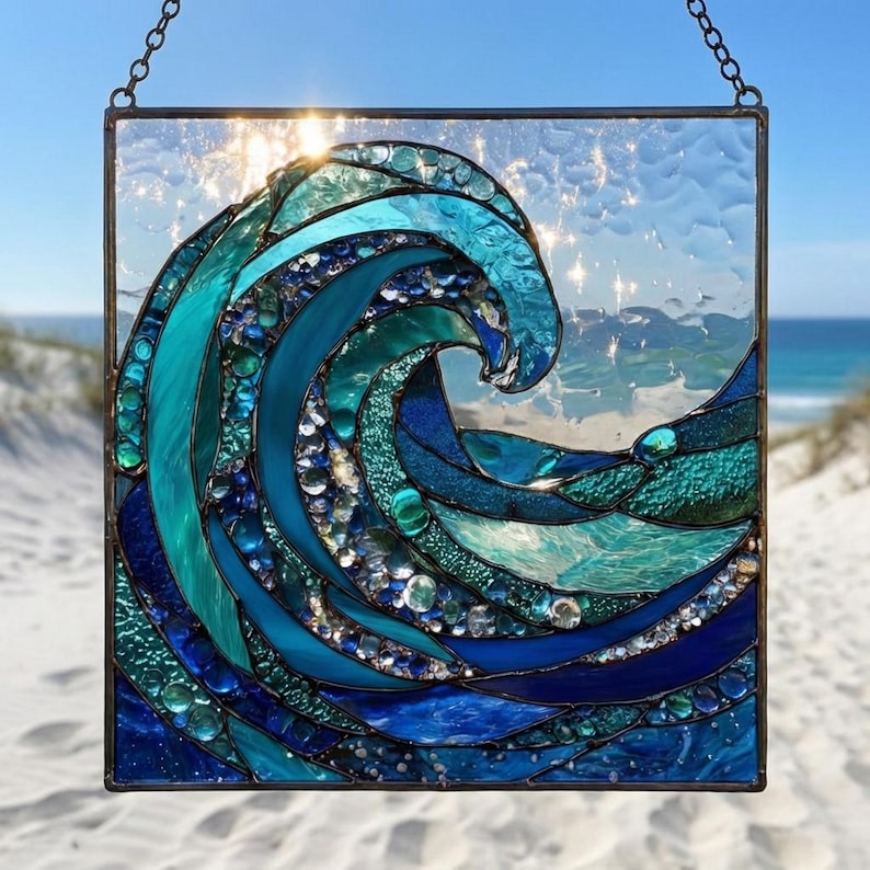 Ocean Wave Stained Glass Suncatcher Beach Coastal Glass Suncatcher ...