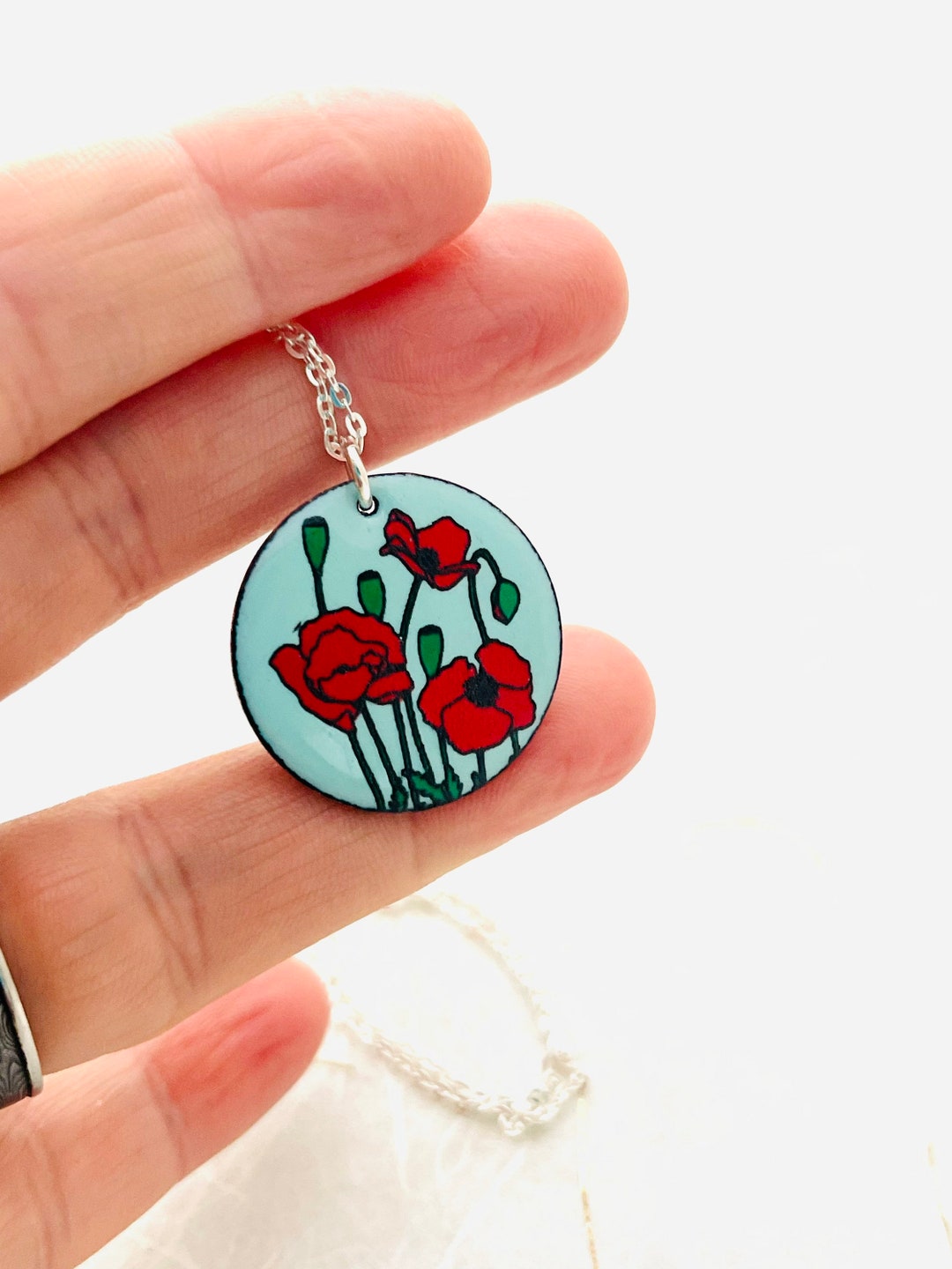 Red Poppy Enamel Necklace, Robins Egg Blue, Sterling Silver Chain - Etsy