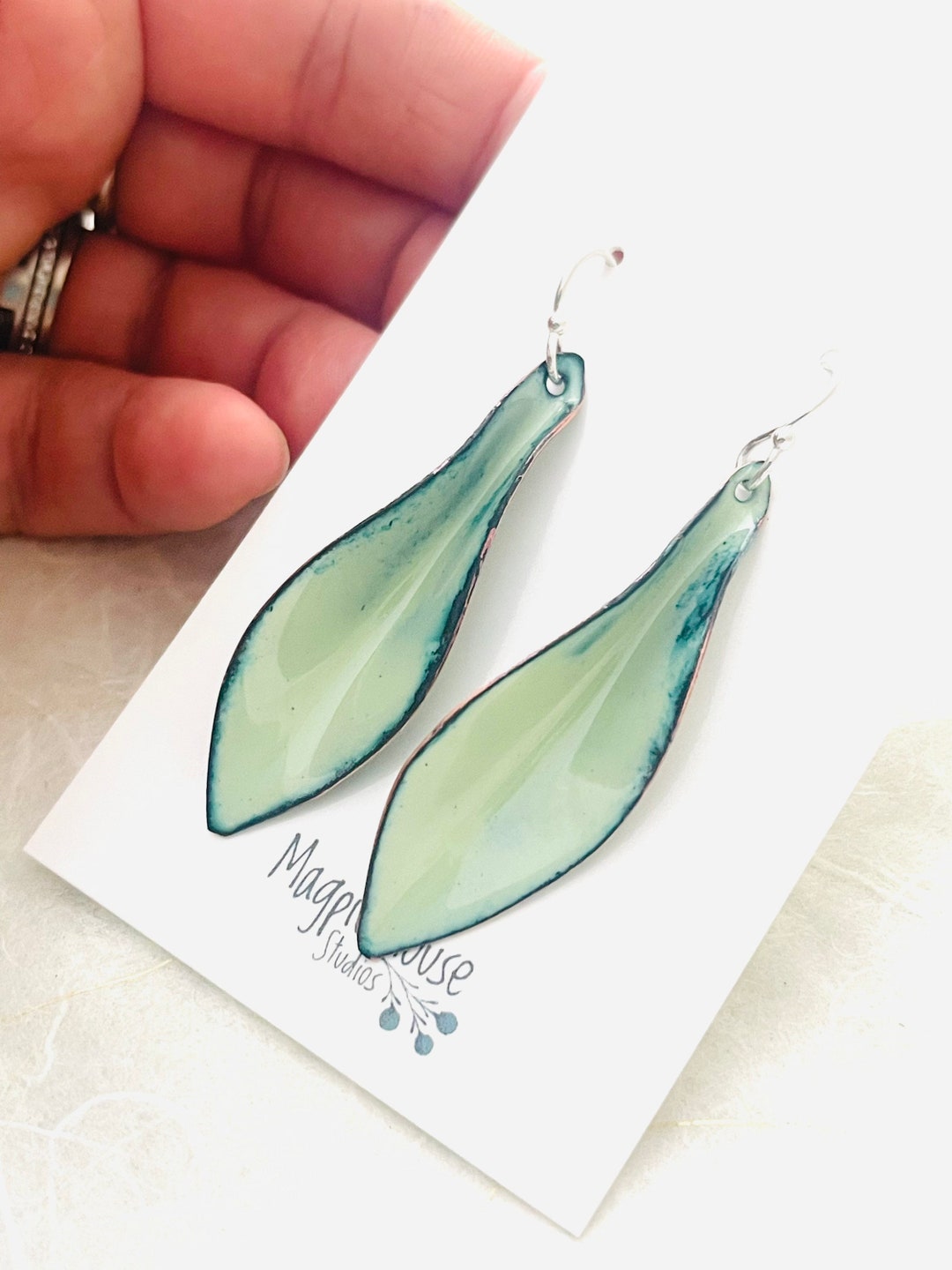 Small Leaf Earrings Lichen Green Enamel Hand Formed Enamel Earrings