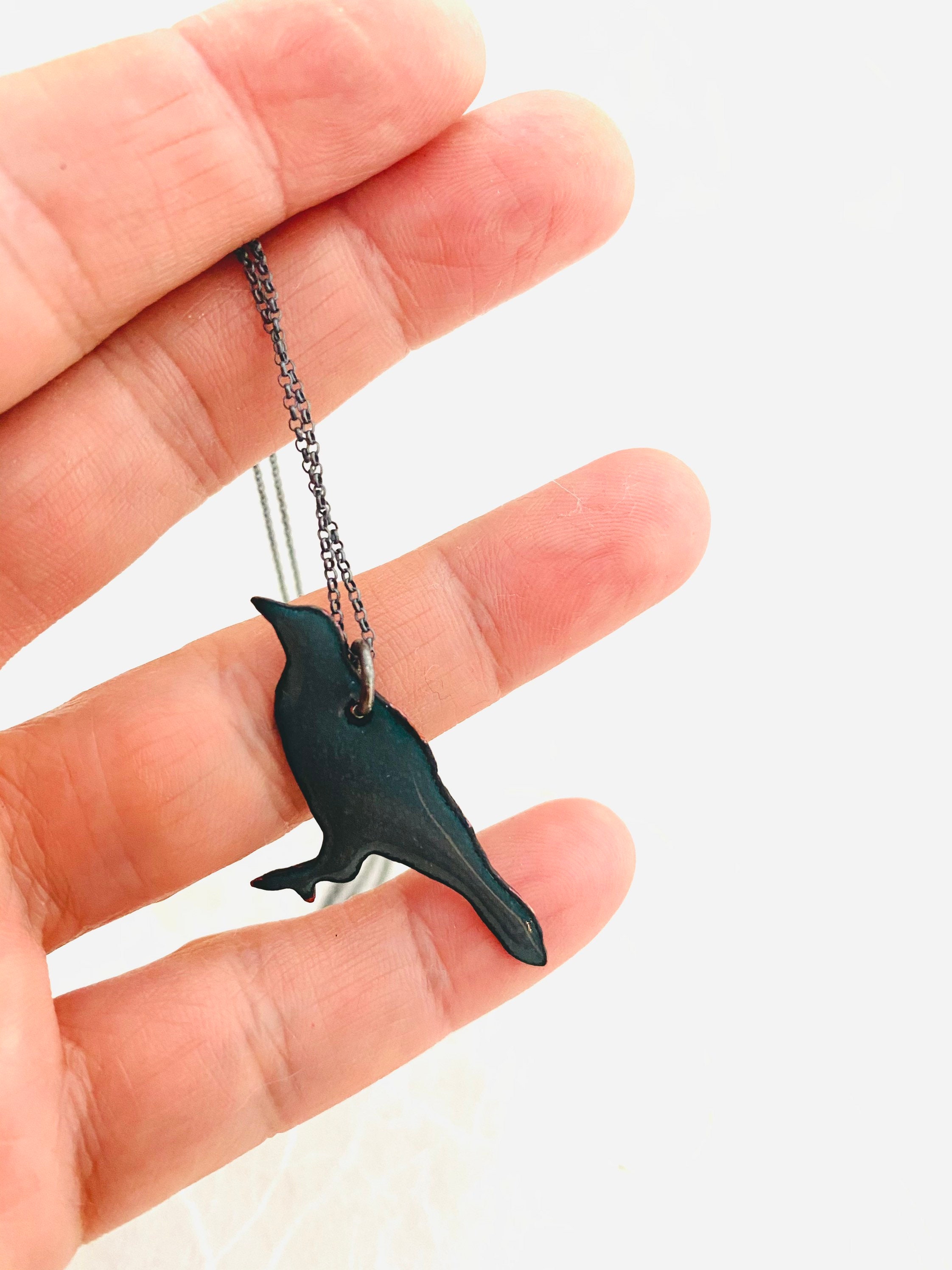 Crow Necklace Dark Gray Enamel Bird Pendant Necklace | Etsy