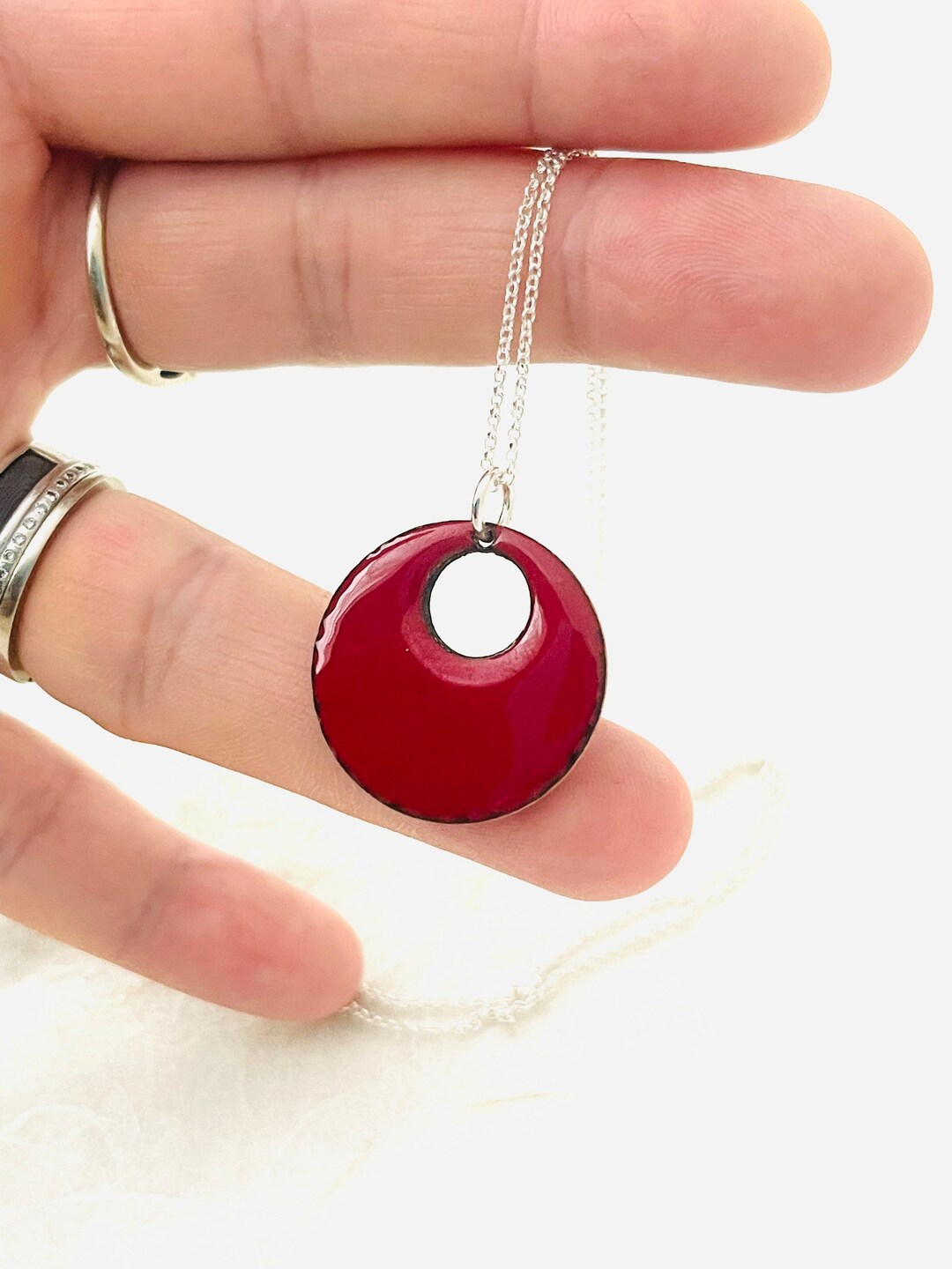 Circle Necklace, Flame Red Enamel, Sterling Silver Chain - Etsy