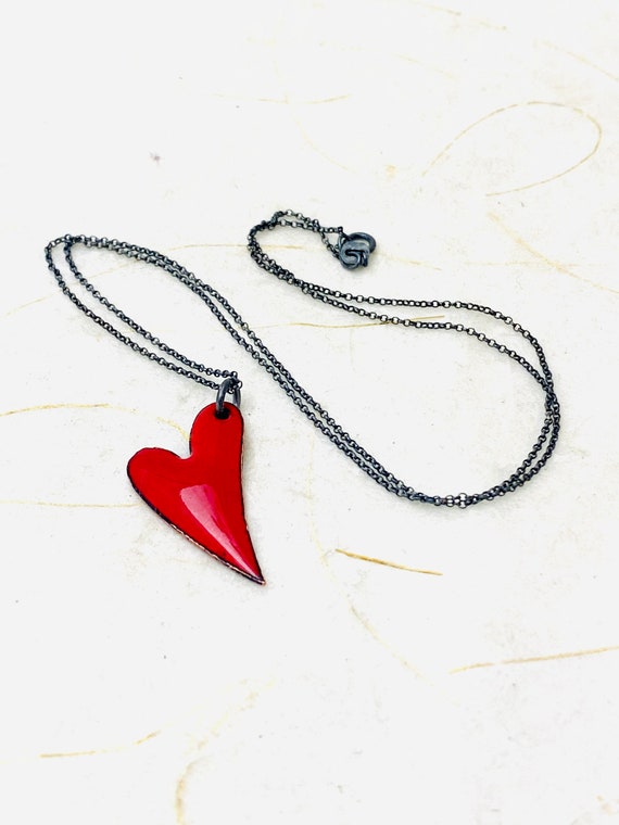 Heart Necklace Red Enamel Minimalist Asymmetrical Heart | Etsy