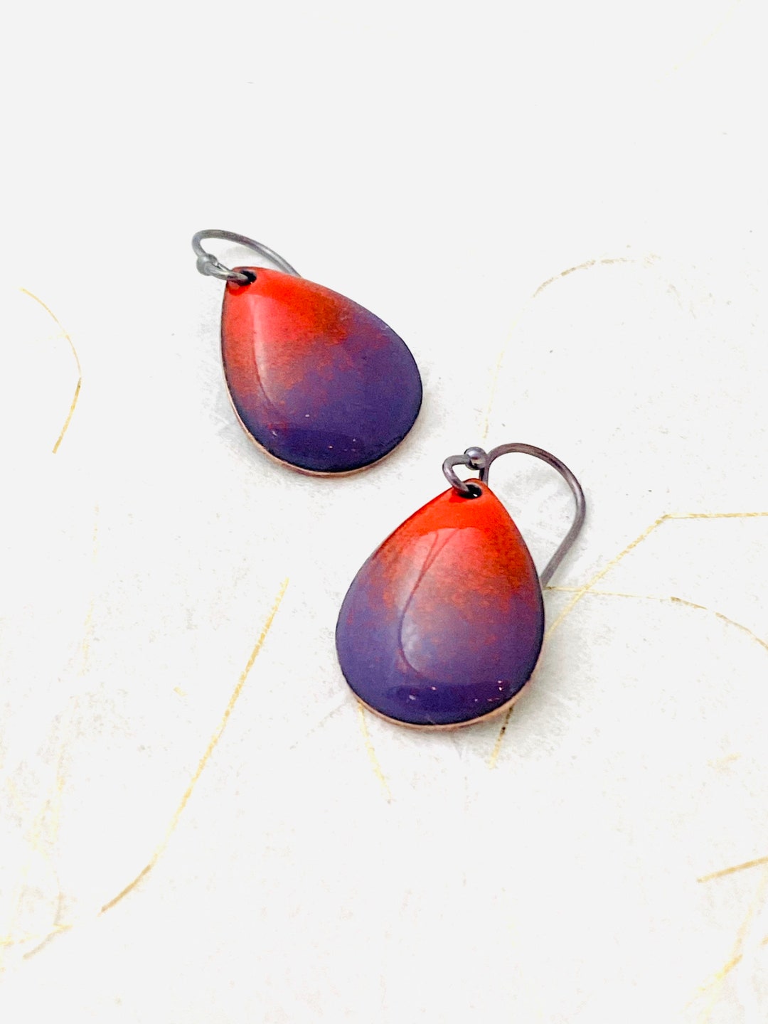 Small Teardrop Earrings, Purple and Orange Enamel Minimalist Teardrop ...