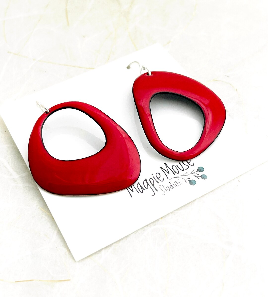 Modern Retro Earrings, Red Enamel, Asymmetrical Cutout Earrings ...