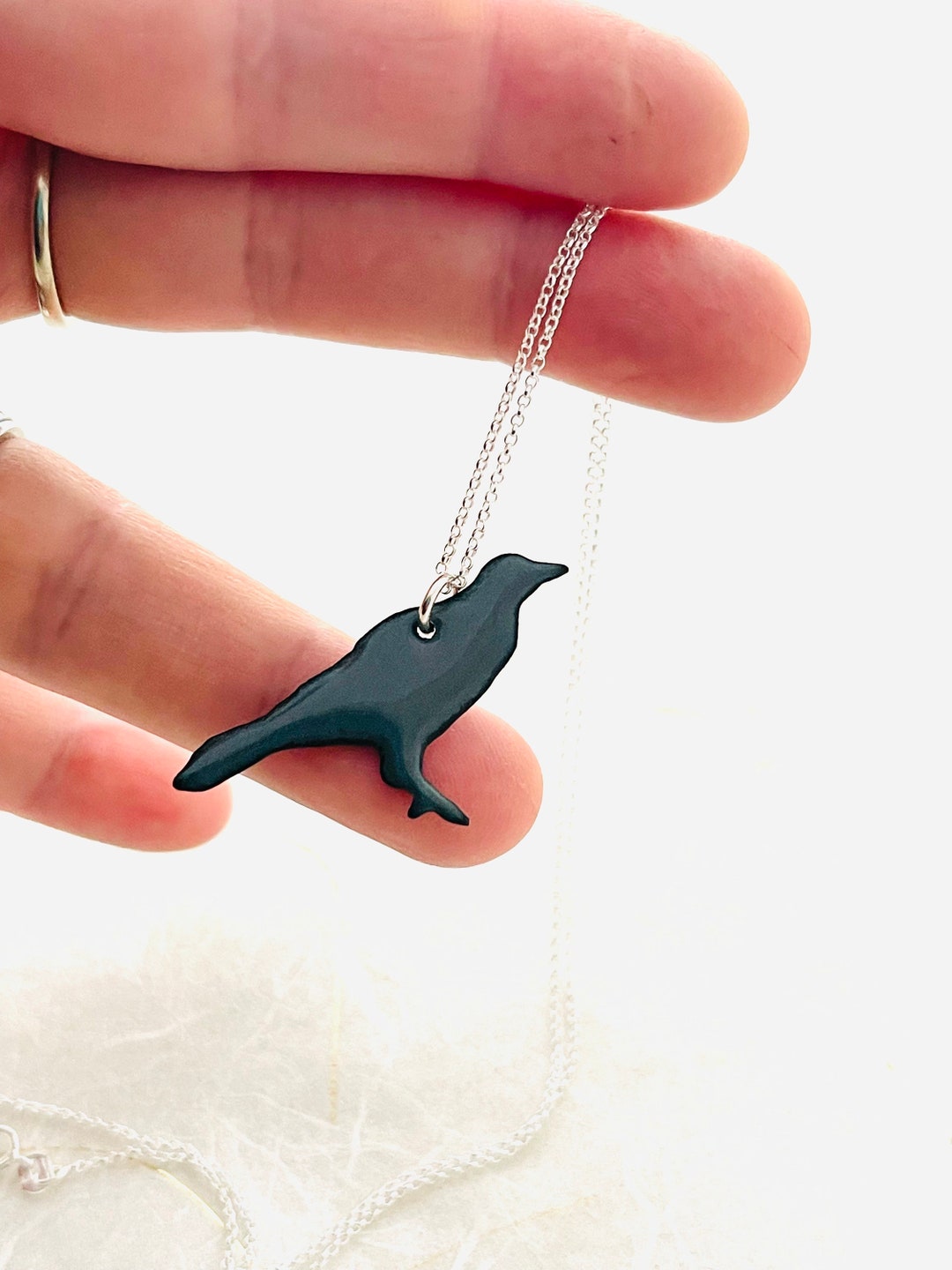 Crow Necklace, Steel Gray Enamel Bird Pendant, Bird Necklace, Unisex ...