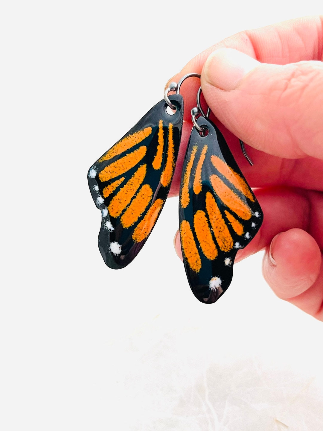 Enamel Monarch Butterfly Wing Earrings, Sterling Silver Earwires ...