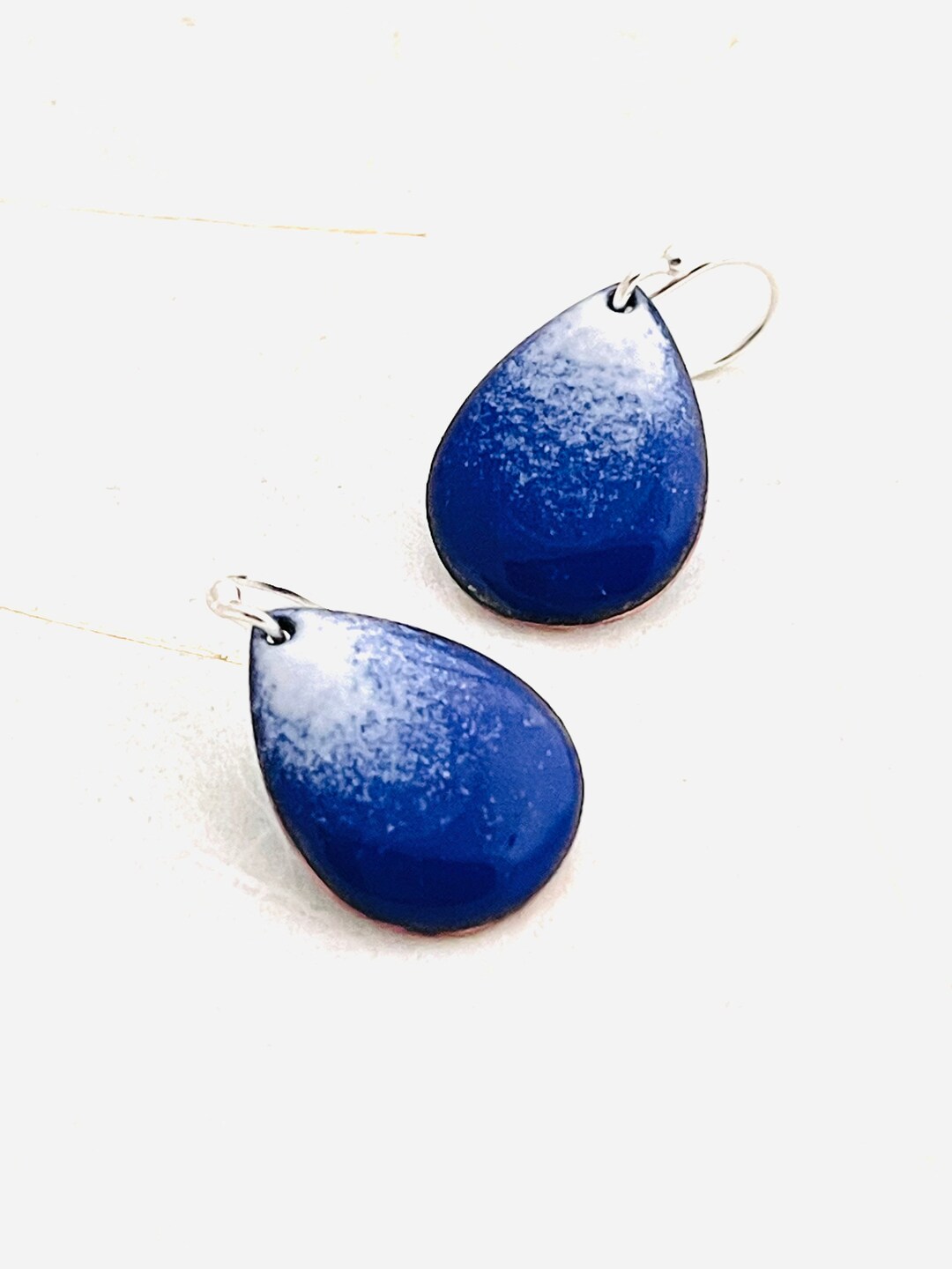 Small Teardrop Earrings, Ultramarine Blue and White, Enamel Minimalist ...