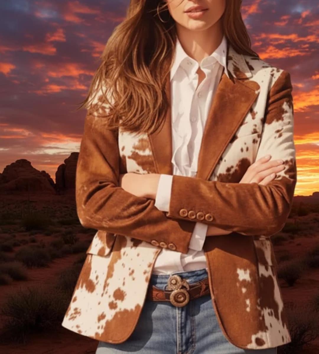 Women's Cow Print Leather Jacket Handmade Brown White Cowgirl Blazer - Etsy
