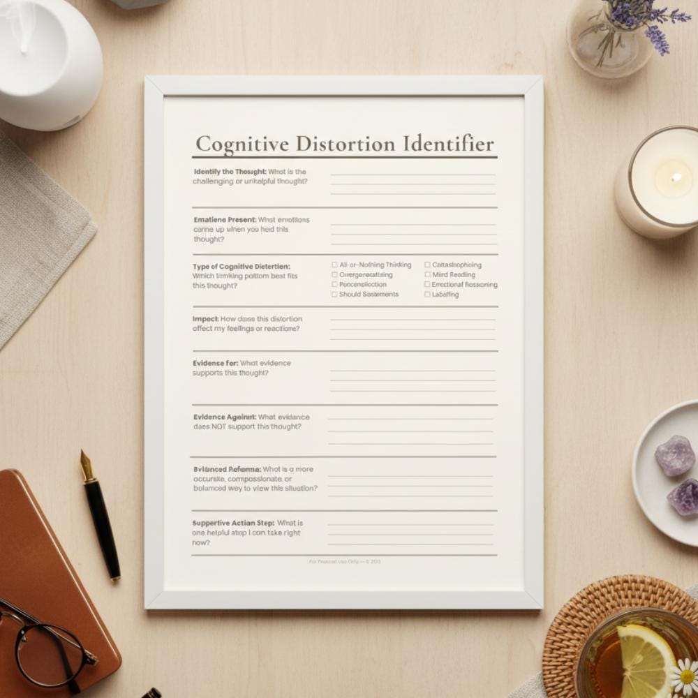 Cognitive Distortion Identifier Worksheet | CBT Printable | Thought ...