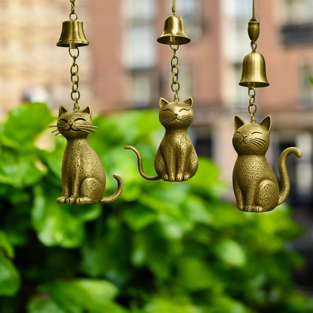 Vintage Bronze Gold Tone Cat Wind Chime – Cute Feline Garden Bell ...