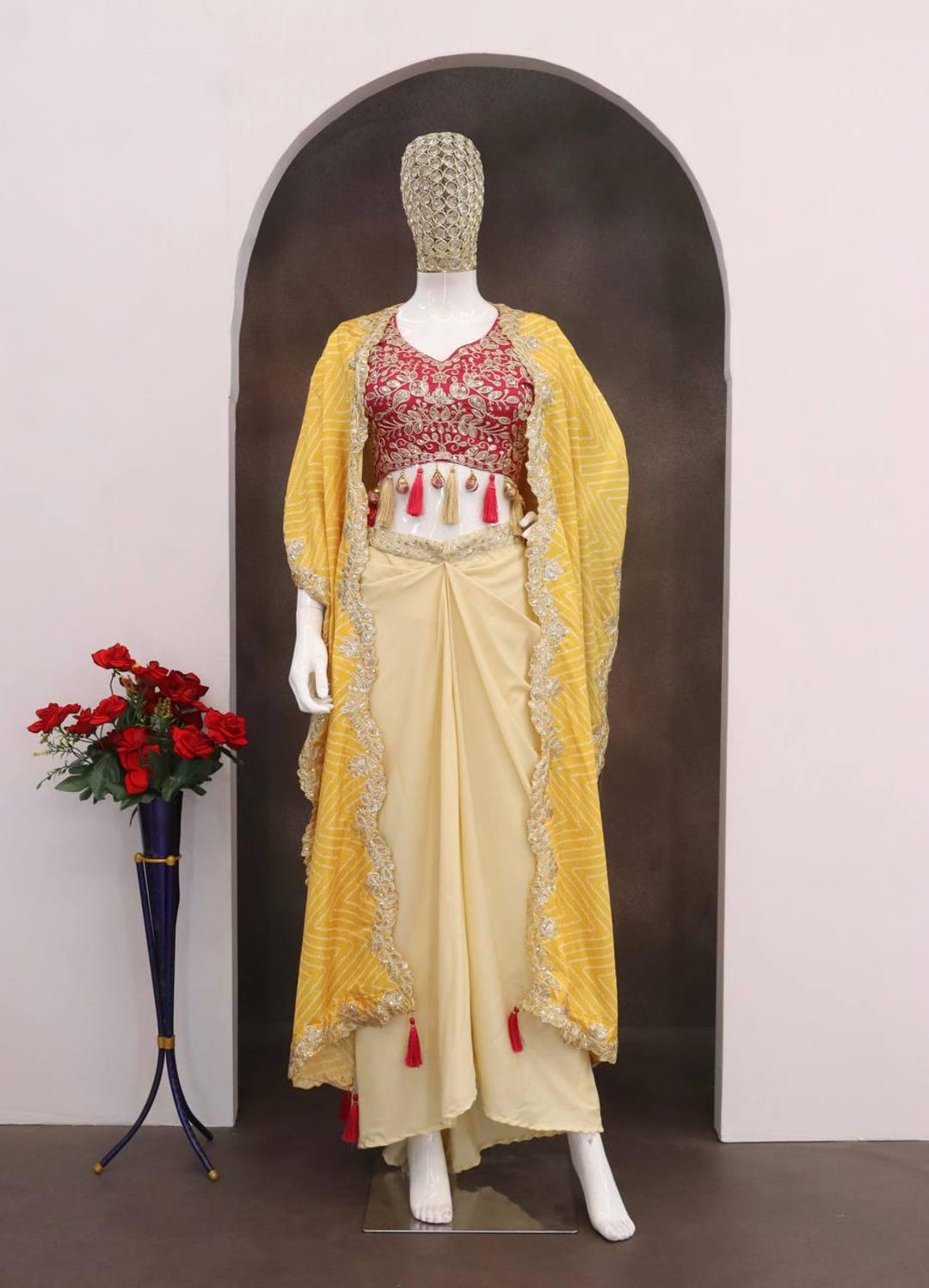 Designer Yellow Shrug Set With Tassel Blouse & Cream Draped Skirt - Etsy