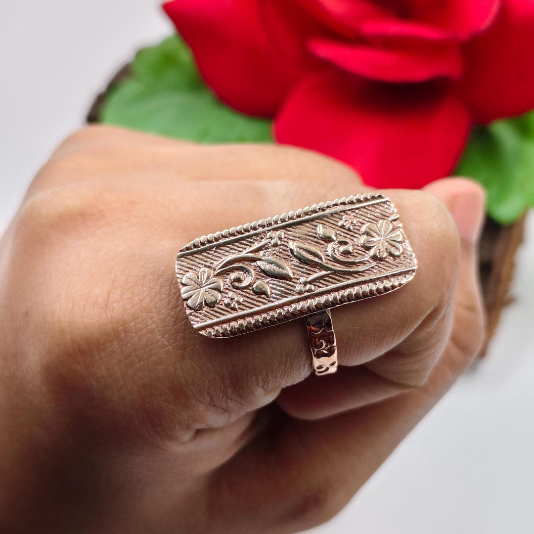 Solidcopper Long Ring, Handmade Statement Ring, Floral Design ...