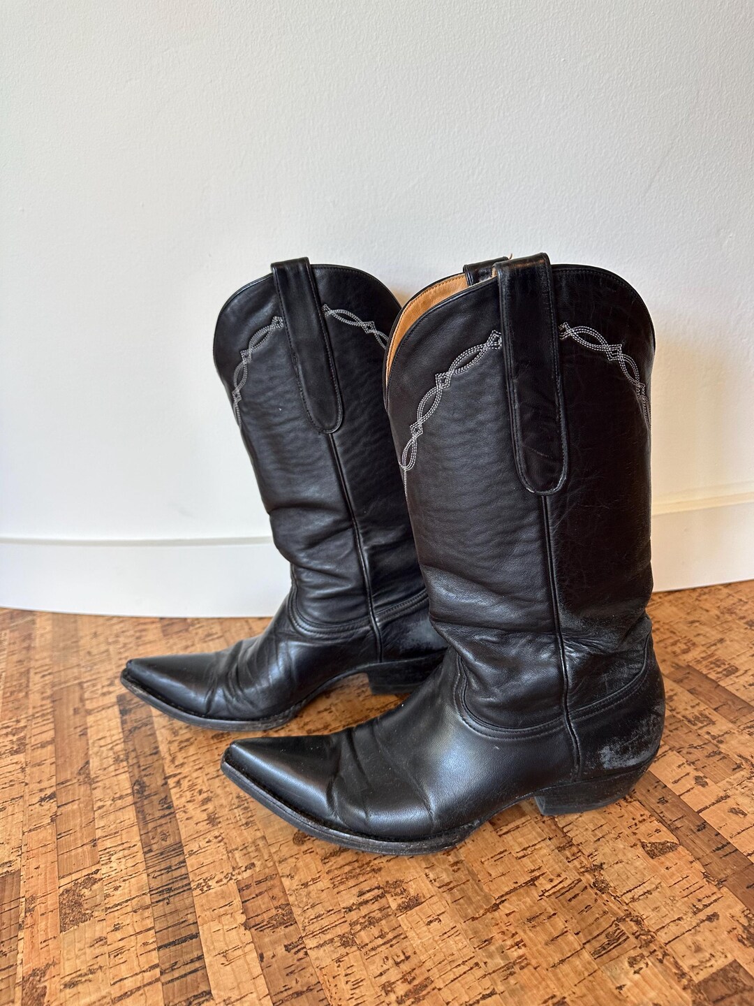 Vintage Old Gringo Classic Black Cowboy Boots, Pointy Toe, White Stitch ...