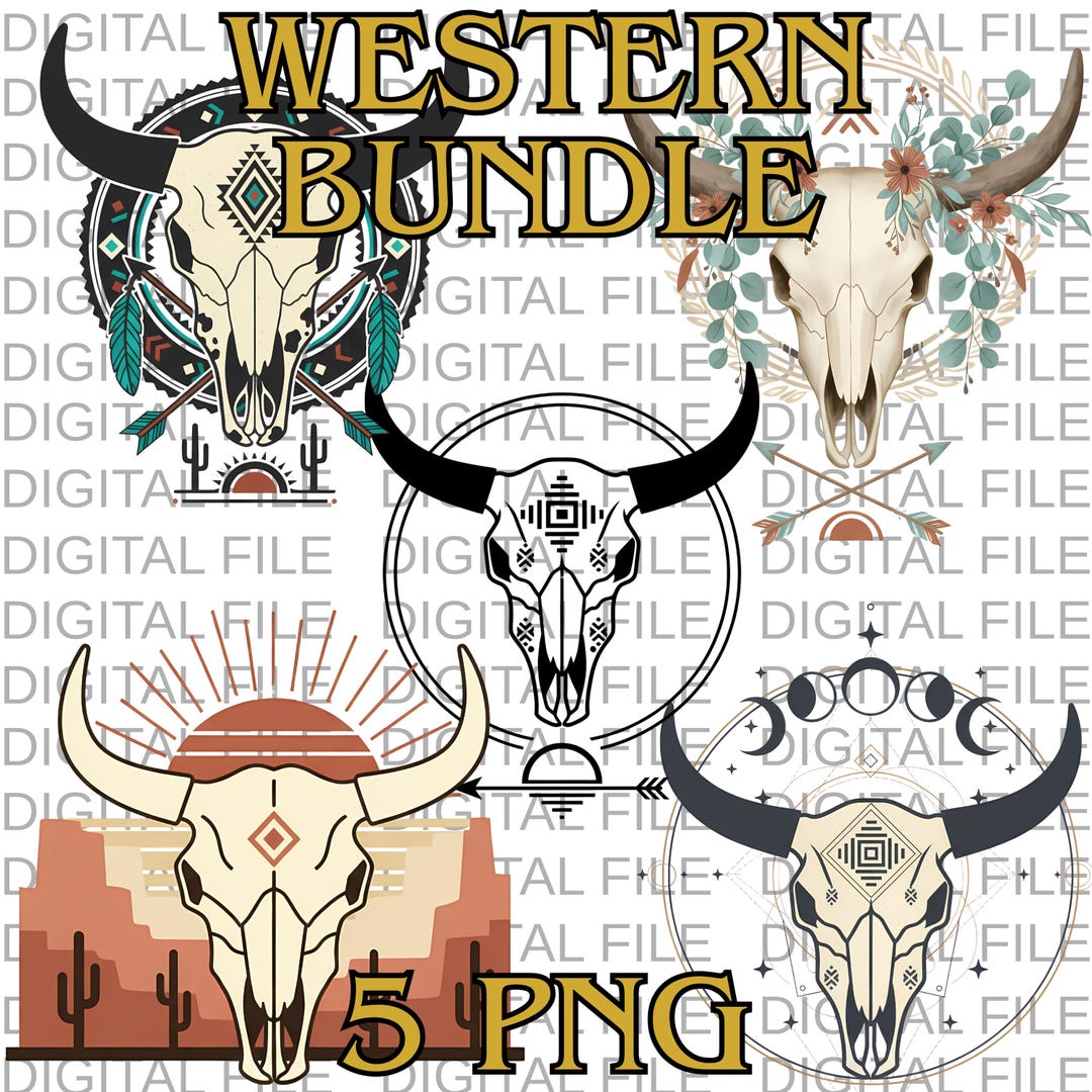 Western Bull Skull PNG Bundle – 5 Cow Skull Designs, Aztec Western ...
