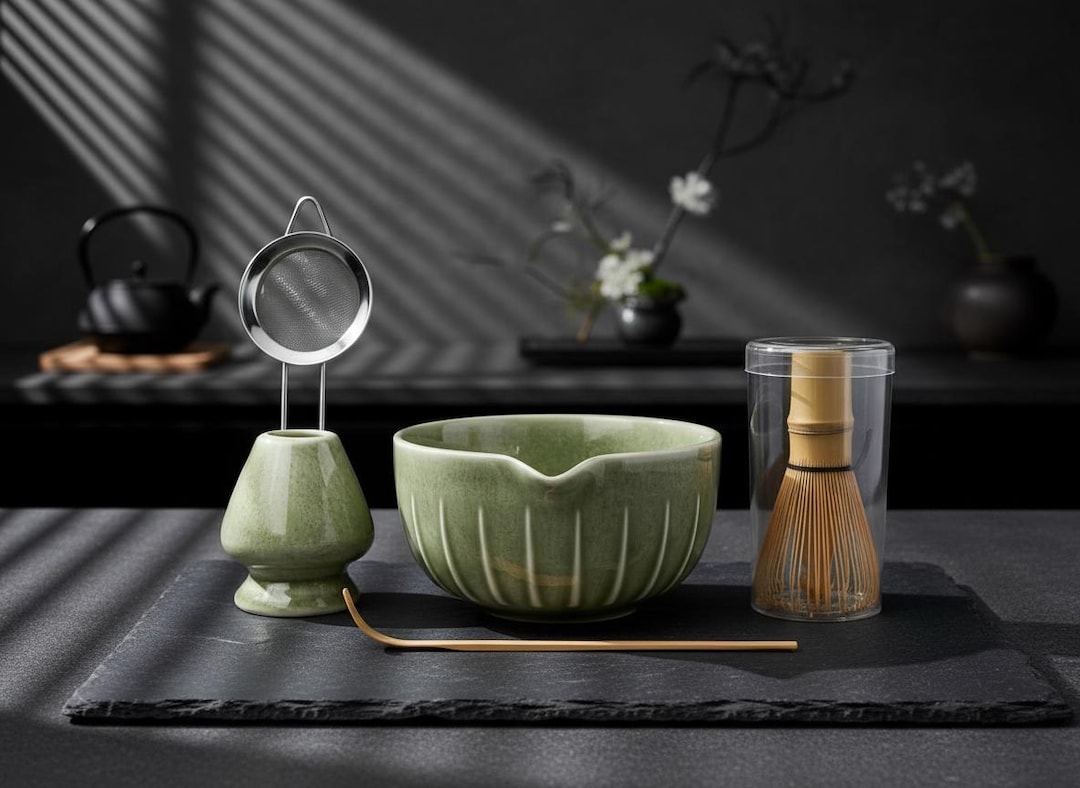 Matcha Tea Set | Japanese Whisk, Bowl With Spout, Scoop & Sifter - Etsy