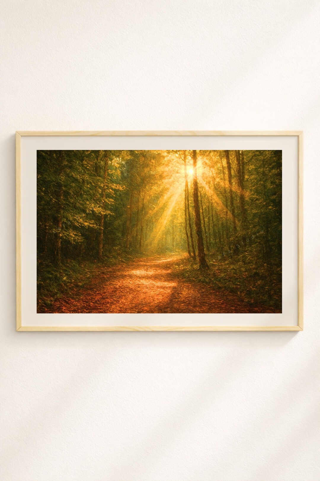 Sun Rays Forest Oil Painting Print – Golden Sunlight Through Trees ...