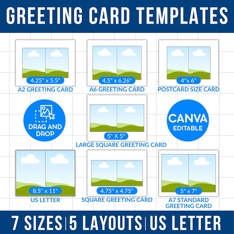 Editable Greeting Cards Templates, 7 Printable Folded Cards, A6 ...