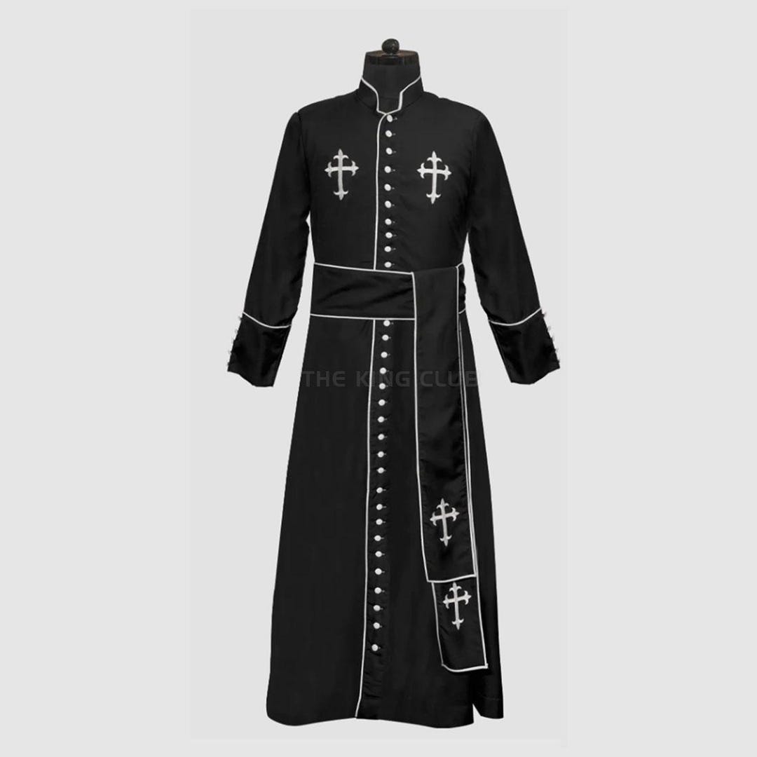 Men’s Gothic Religious Black Cassock Robe Sash With Cross Embroidery ...