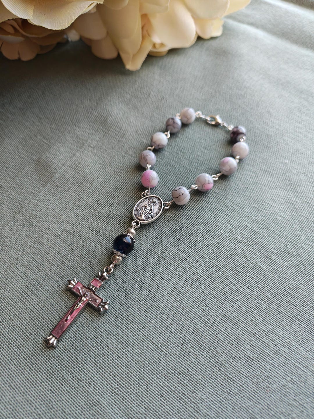 Mini Rosary With Pink Enamel Crucifix, Marbled Glass Beads & Silver ...