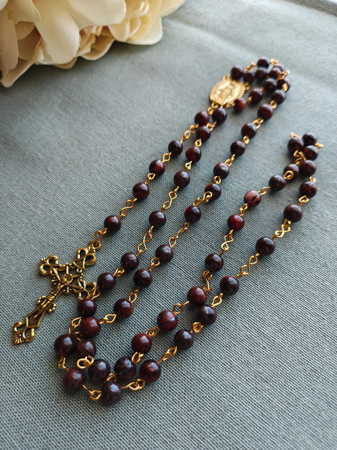 Hessonite Garnet Rosary | Gold-toned Catholic Prayer Beads With ...