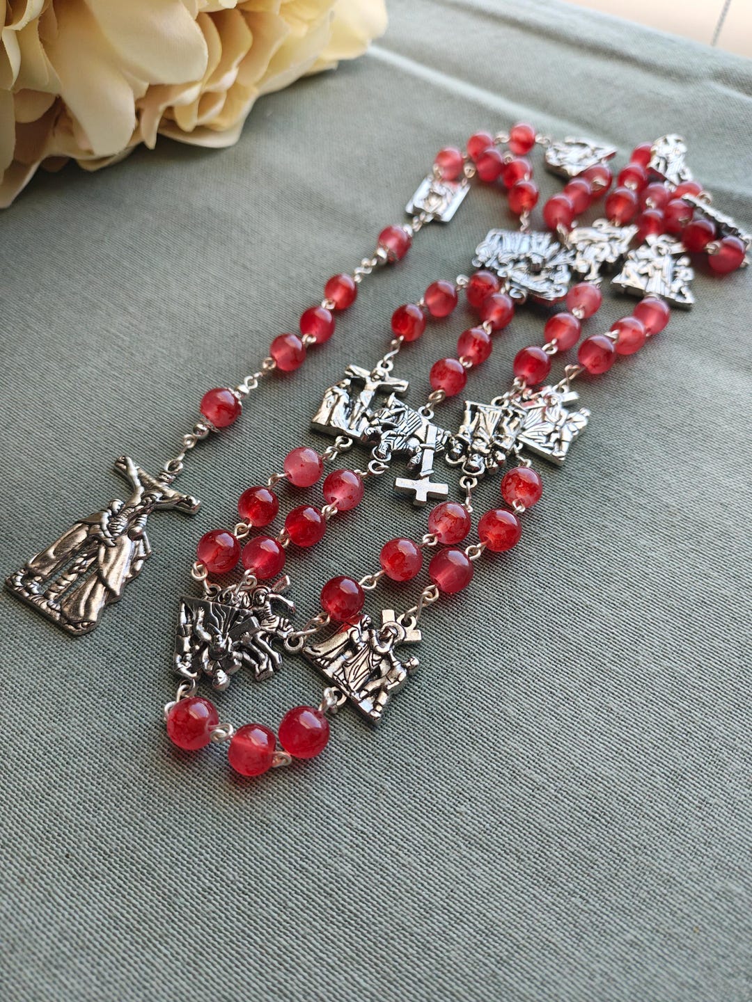Red Glass Stations of the Cross Chaplet, Silver-toned Catholic Prayer ...
