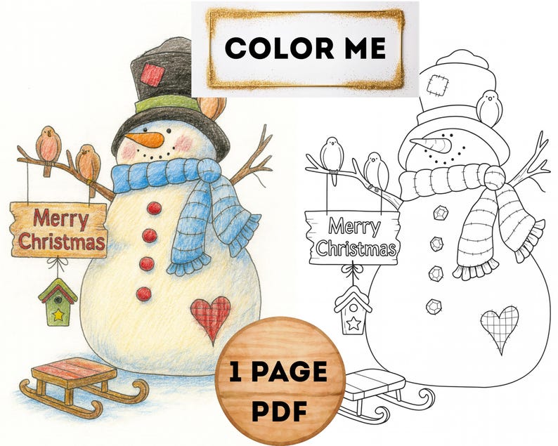 Snowman Christmas Coloring Page for Kids, Printable PDF , Winter ...