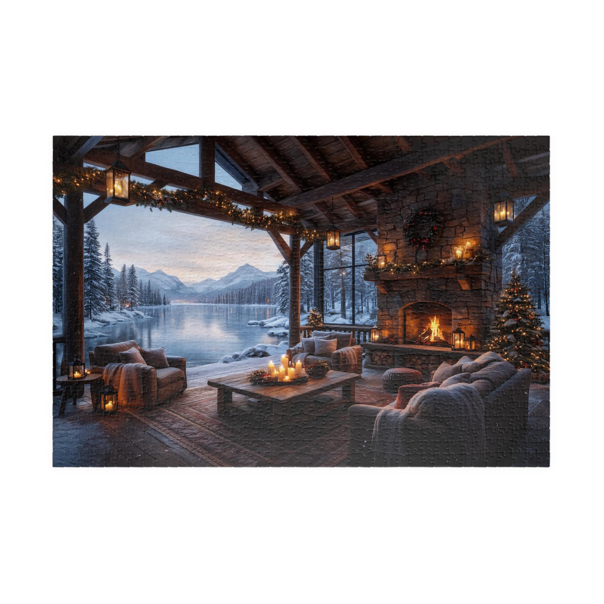 0076P - Winter Lakefront Fireplace Retreat Puzzle | Cozy Christmas ...