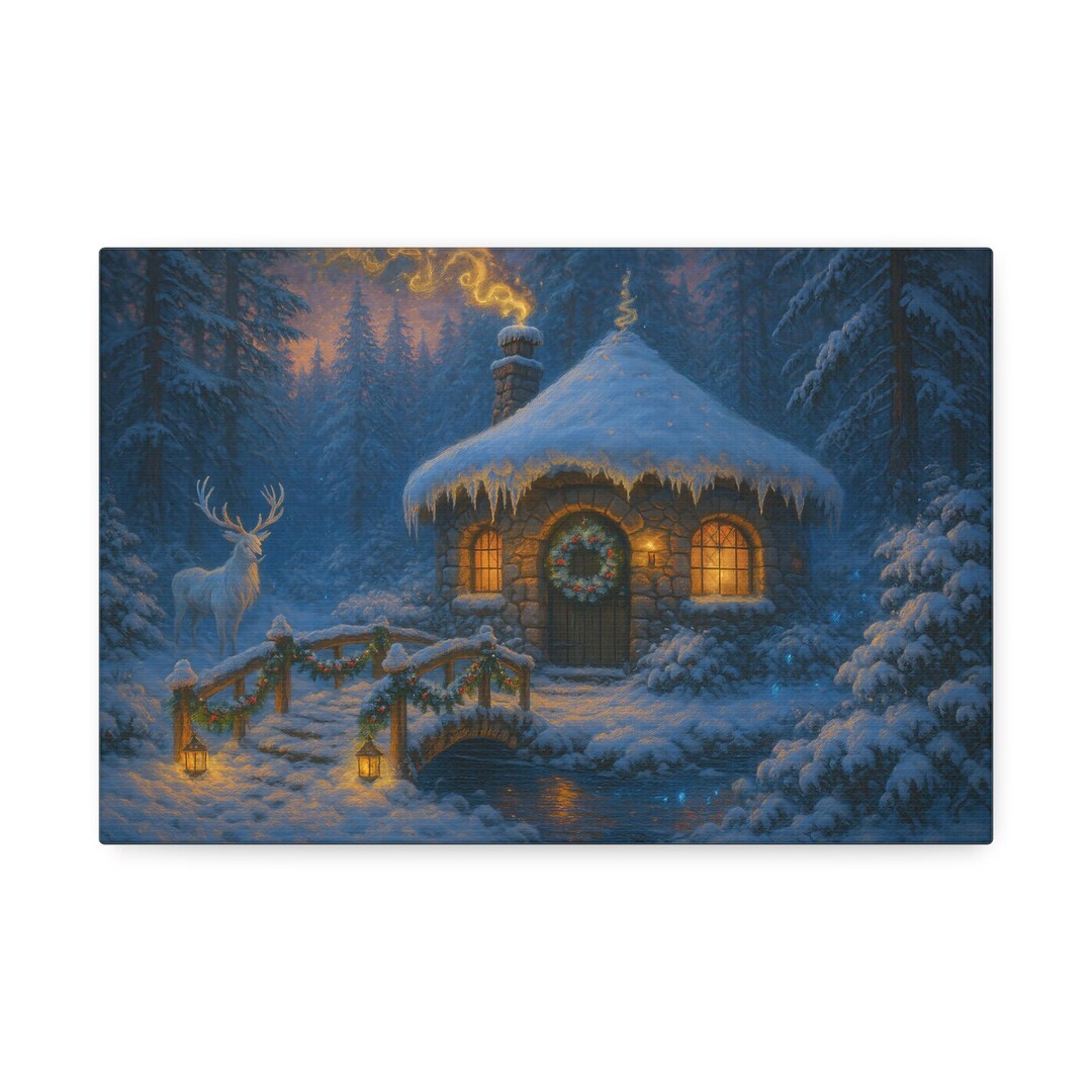 0016C - Winter Wizard Cottage Canvas | Enchanted Stone House, Reindeer ...