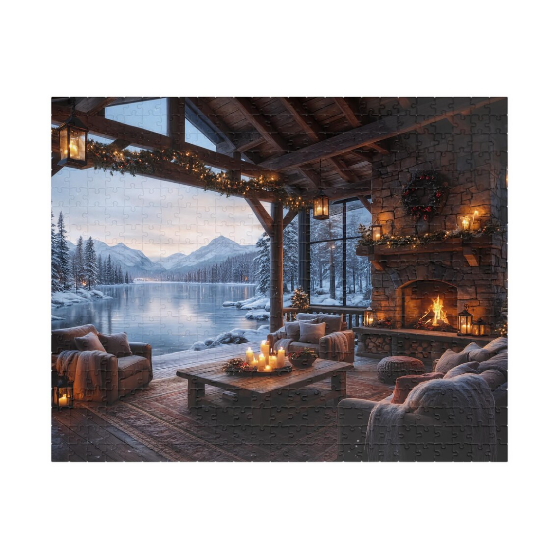 0076P - Winter Lakefront Fireplace Retreat Puzzle | Cozy Christmas ...