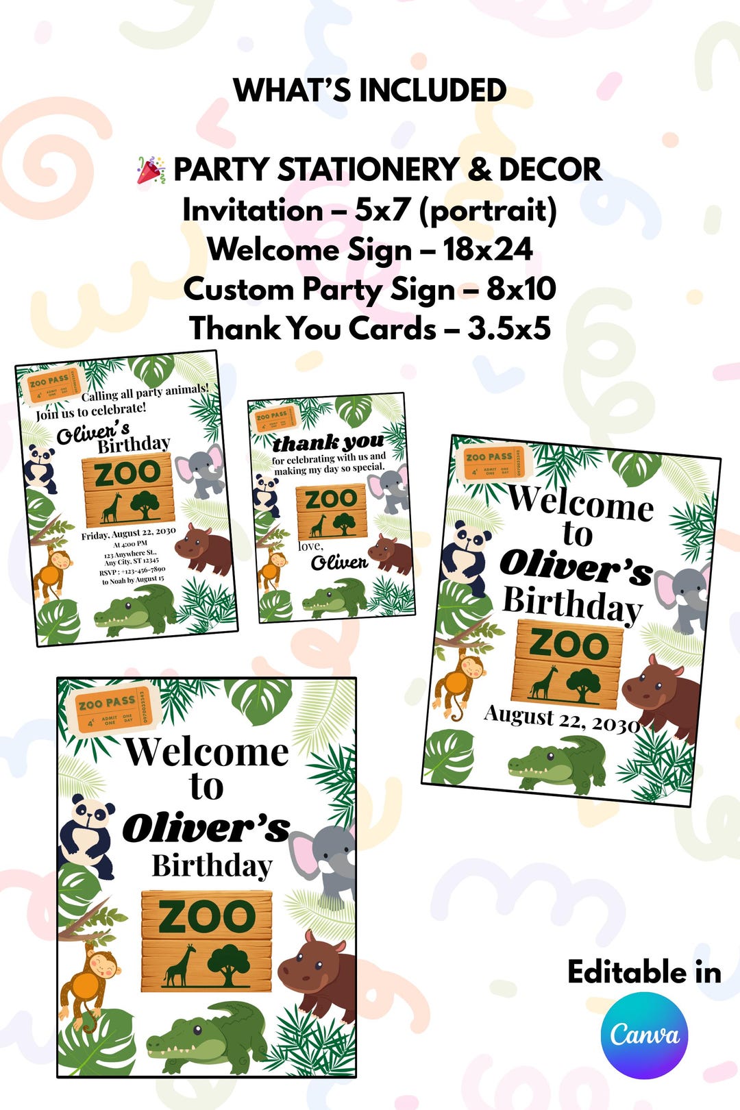 Zoo Birthday Bundle Canva Template | Editable Animal Party Decorations ...