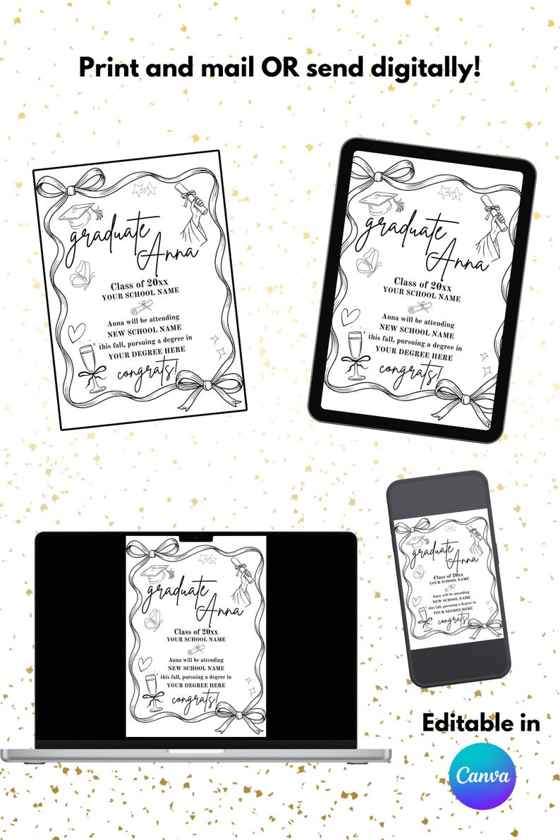 Graduation Announcement QR Code Card Editable Canva Template | Line Art ...