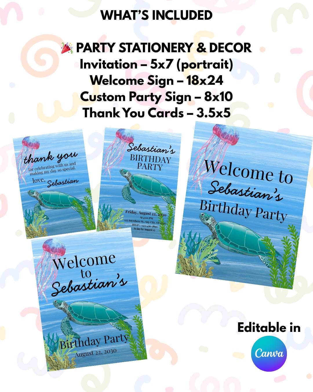 Under the Sea Birthday Bundle Canva Template | Ocean Themed Party ...