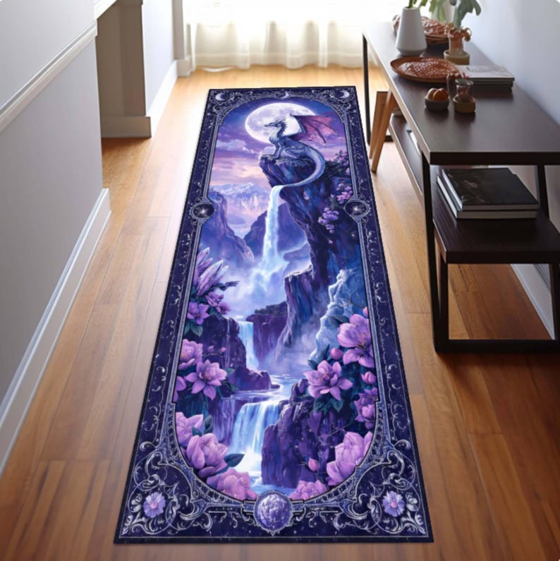 Fantasy Dragon Waterfall Runner Rug, Mystic Gothic Landscape Carpet ...