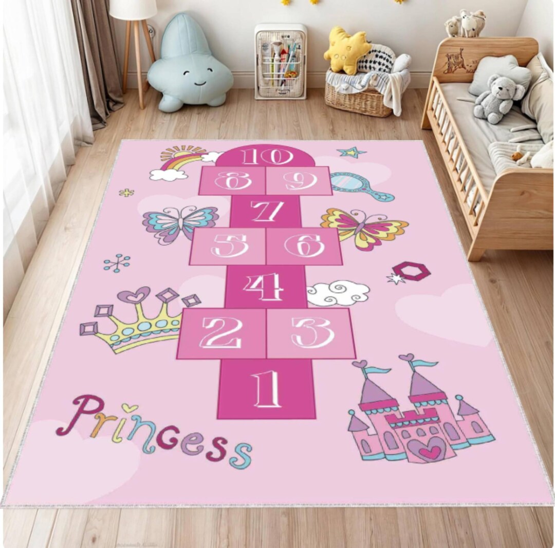 Princess Hopscotch Rug for Girls, Pink Kids Play Mat Carpet, Washable ...