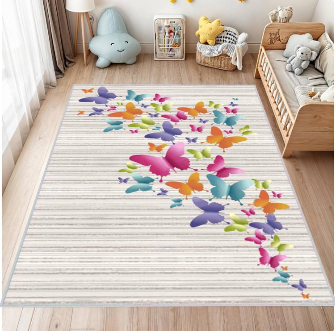 Butterfly Area Rug for Kids Room, Washable Non Slip Floor Carpet ...