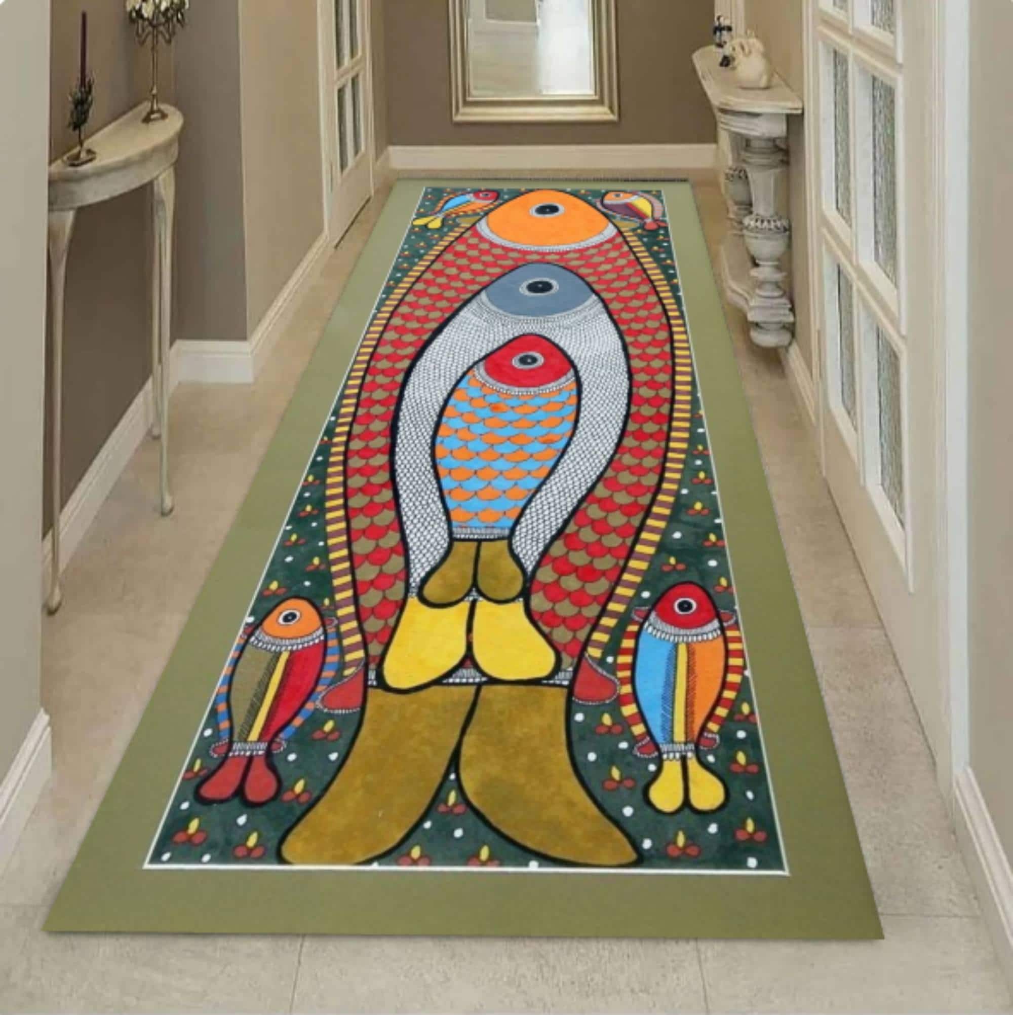 Folk Art Fish Runner Rug, Colorful Boho Tribal Scandinavian Hallway ...