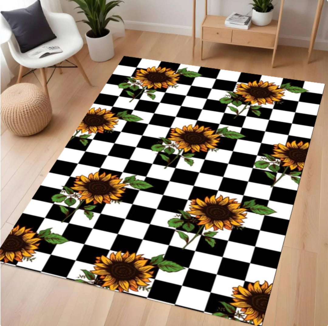 Sunflower Checkered Area Rug, Farmhouse Floral Floor Decor, Black White ...
