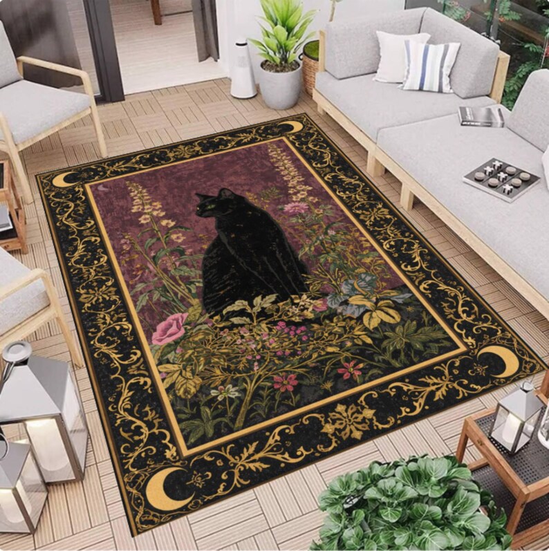 Black Cat Area Rug, Gothic Floral Moon, Washable Non Slip - Etsy