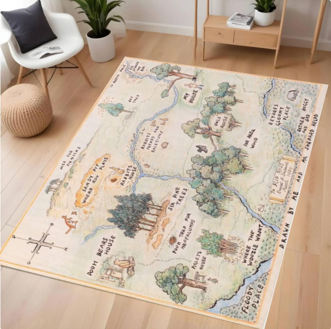 Vintage Storybook Map Rug, Illustrated Landscape Carpet, Nursery Kids ...