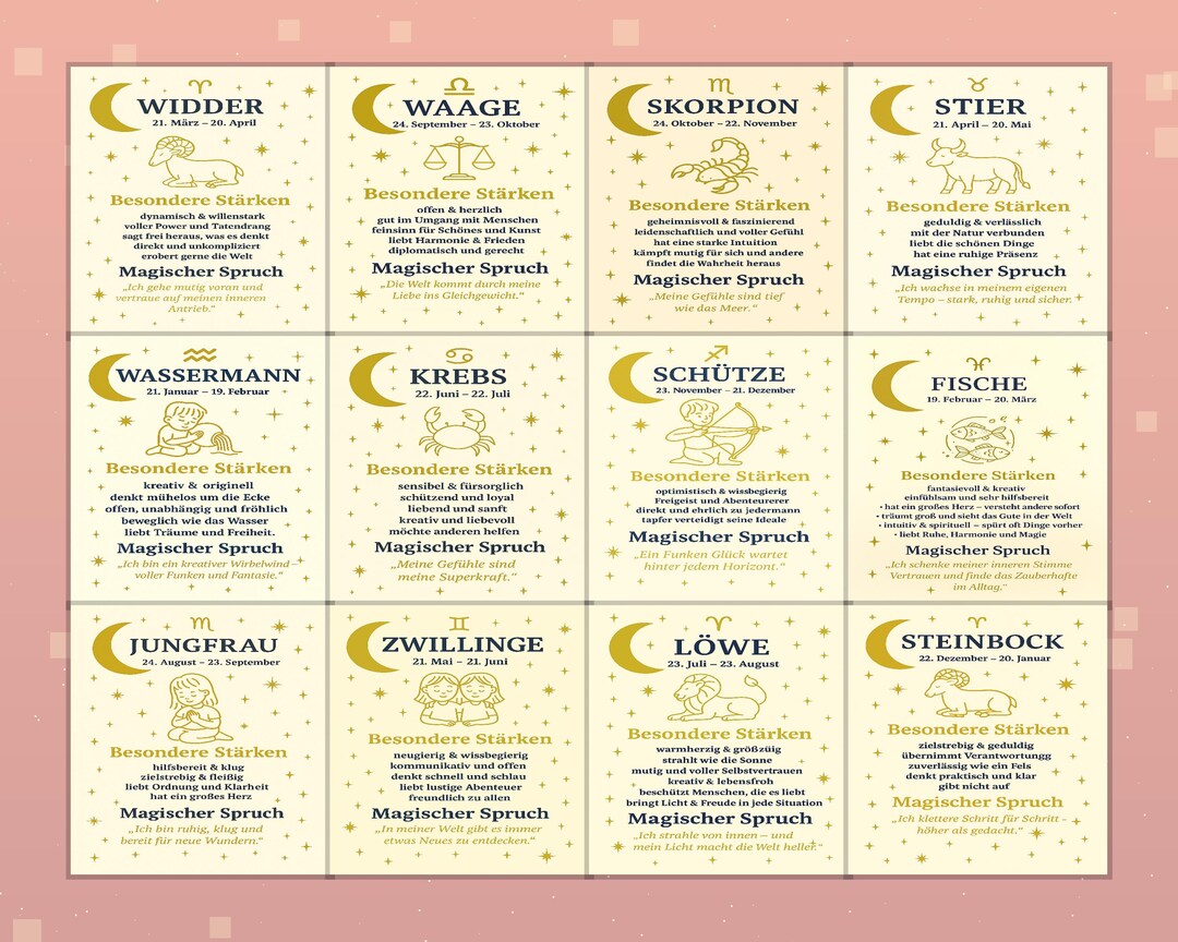 Magical Zodiac Card Set – 12 Zodiac Prints as Instant Download ...