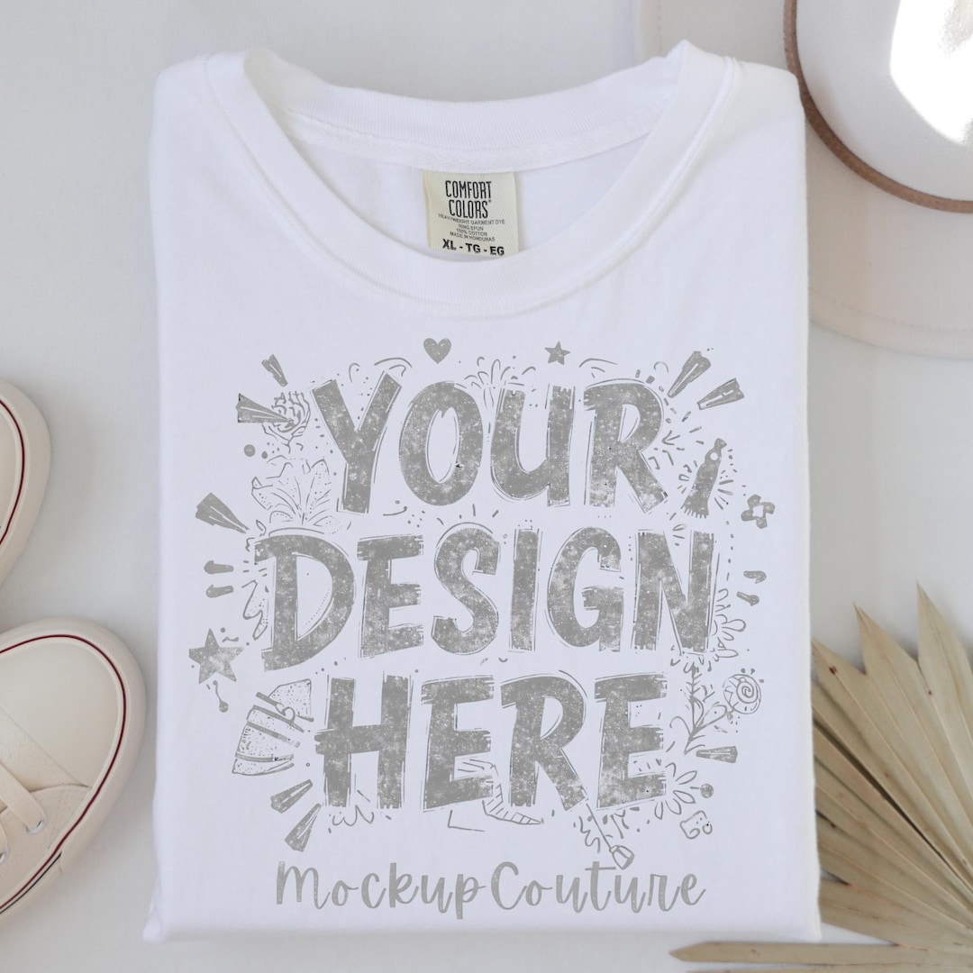 White Comfort Colors 1717 Folded Mockup, Clean White T Shirt Flat Lay ...