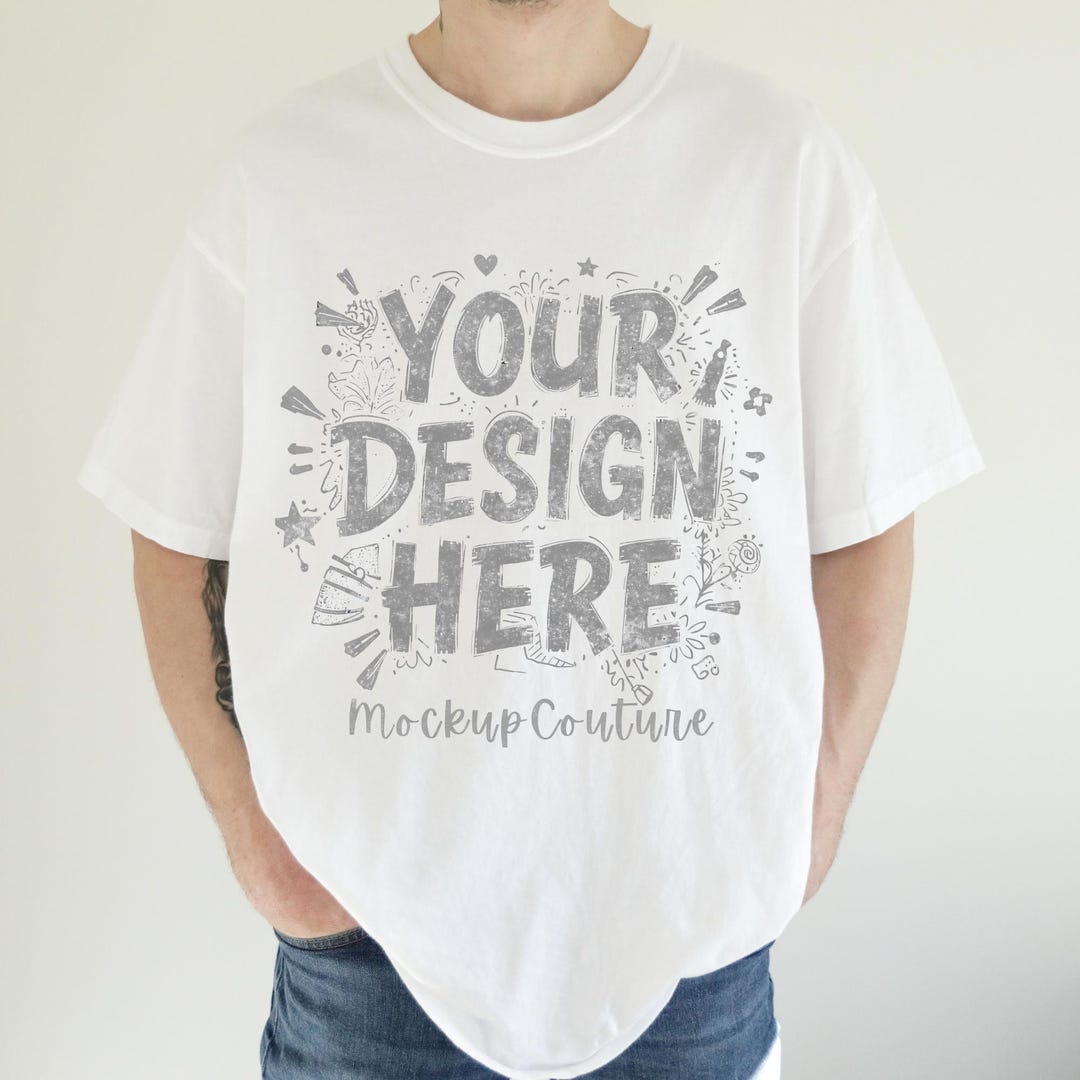 White Comfort Colors 1717 T-shirt Mockup, Male Model Front View, Clean ...