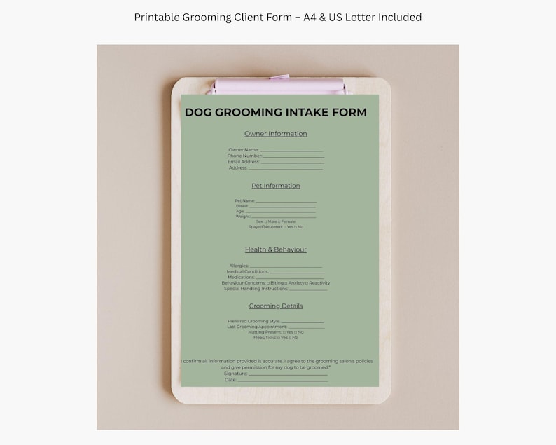 Sage Green Dog Grooming Intake Form | Client Pet Details (printable PDF ...