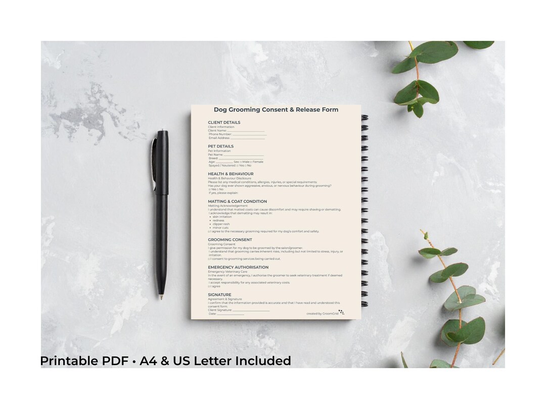 Dog Grooming Consent & Release Form Printable for Professional Groomers ...